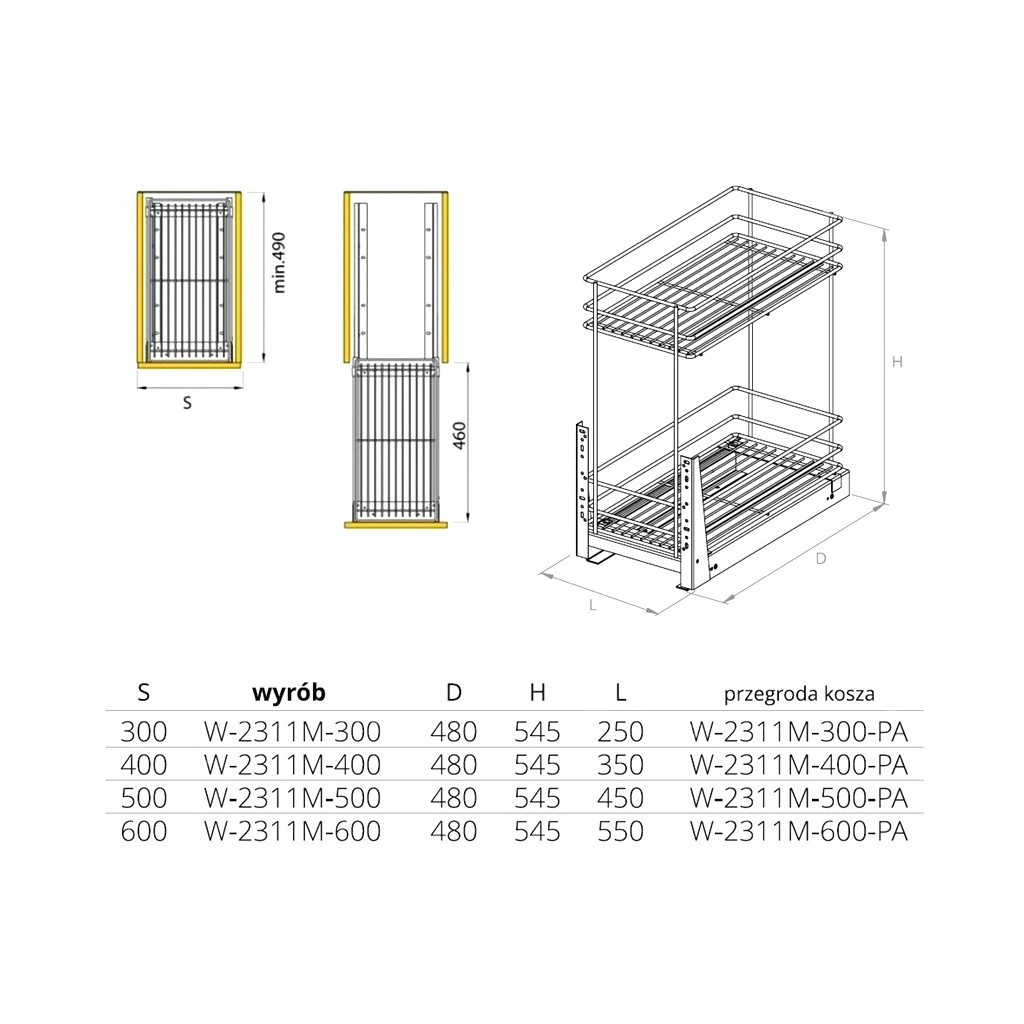Wysuwany kosz cargo do szafki kuchennej 40 cm. 2 poziomy, z hamulcem, srebrne. NOMET W-2311M-400 P22